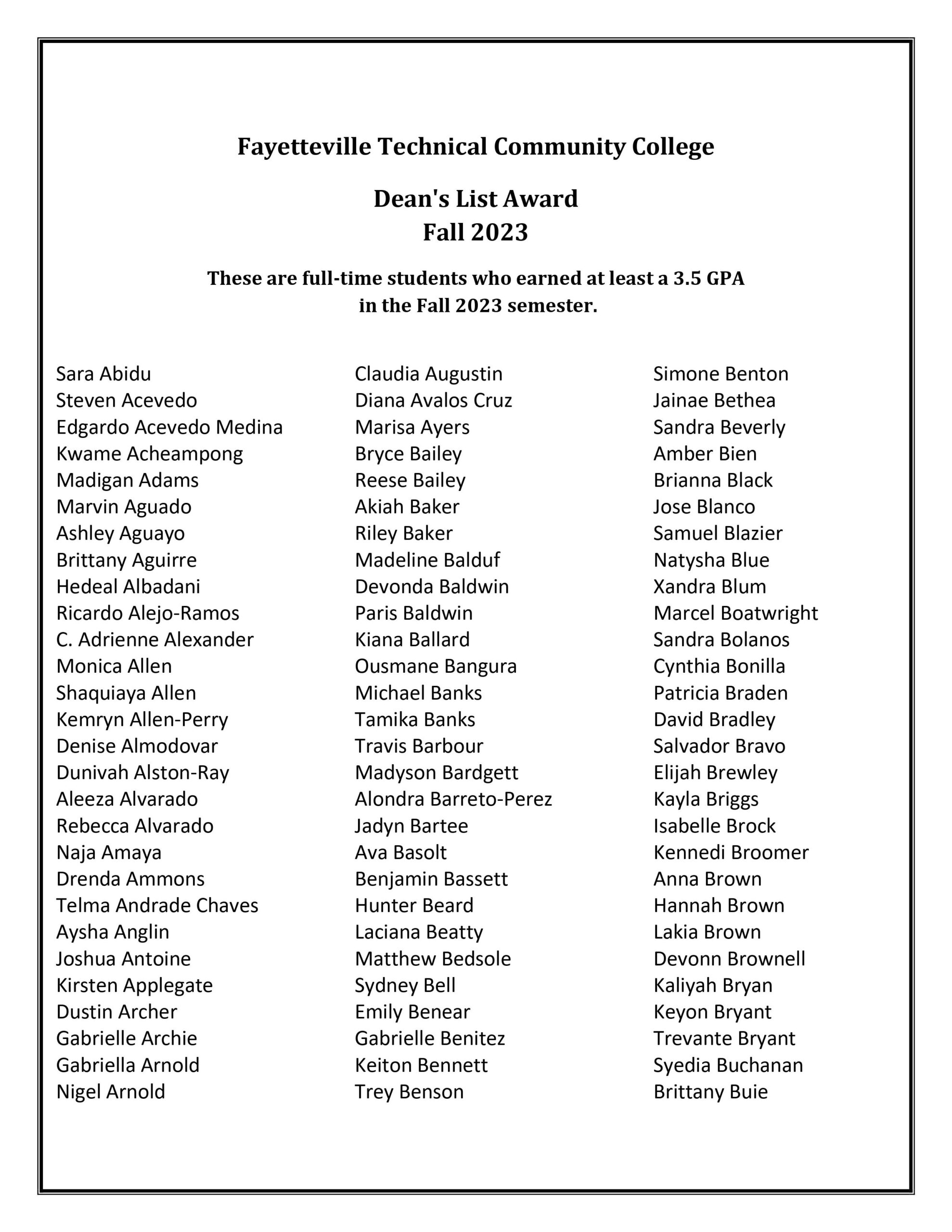 FTCC announces Fall 2023 honor roll - Fayetteville Technical Community College