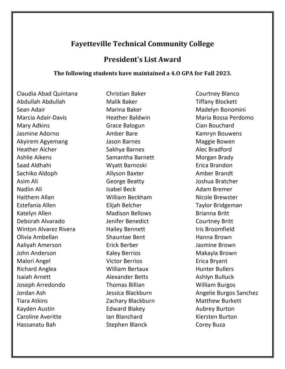 FTCC announces Fall 2023 honor roll - Fayetteville Technical Community College